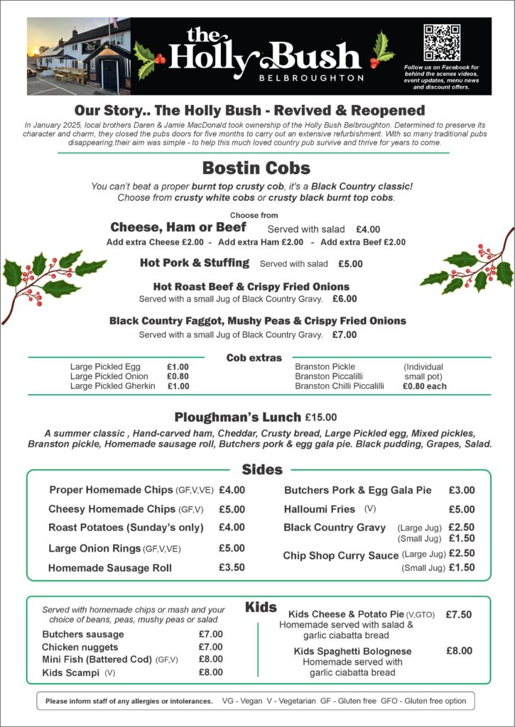 Menus at The Holly Bush | Belbroughton Countryside Dining Pub