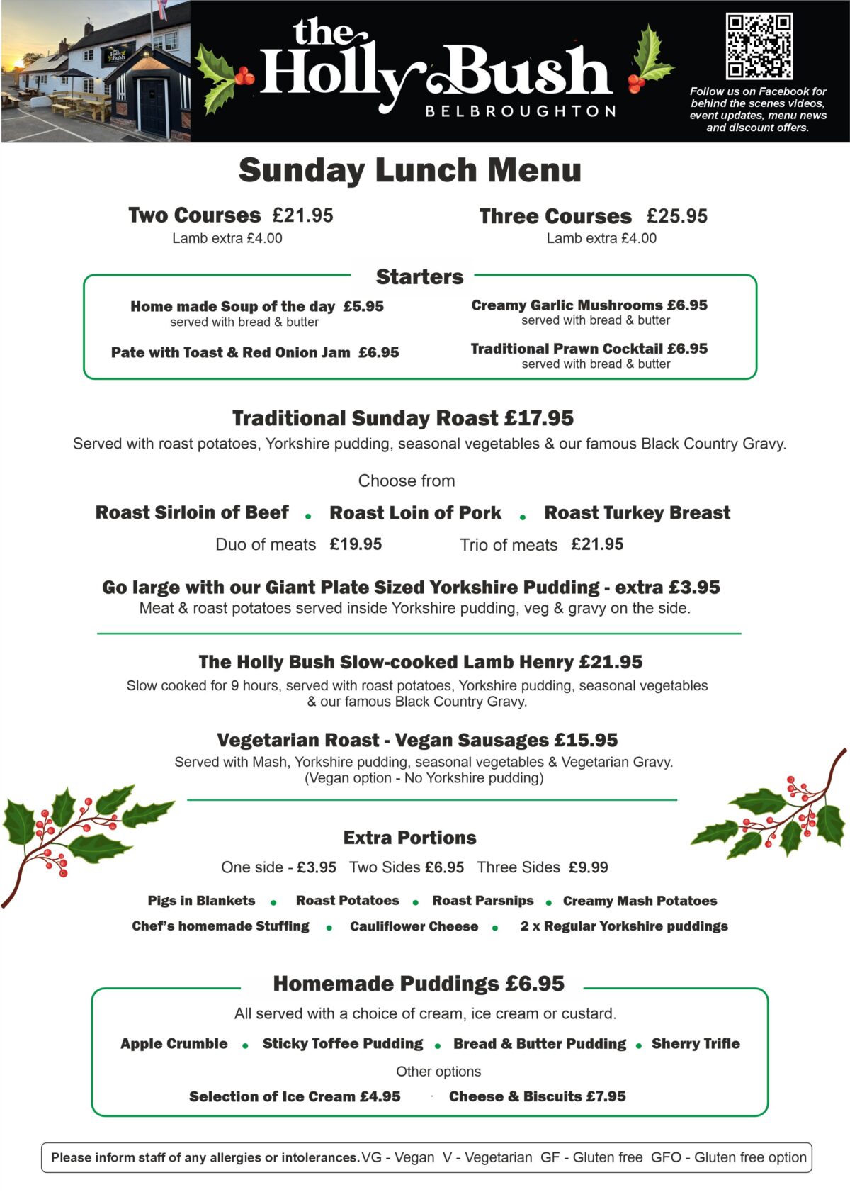 Menus at The Holly Bush | Belbroughton Countryside Dining Pub