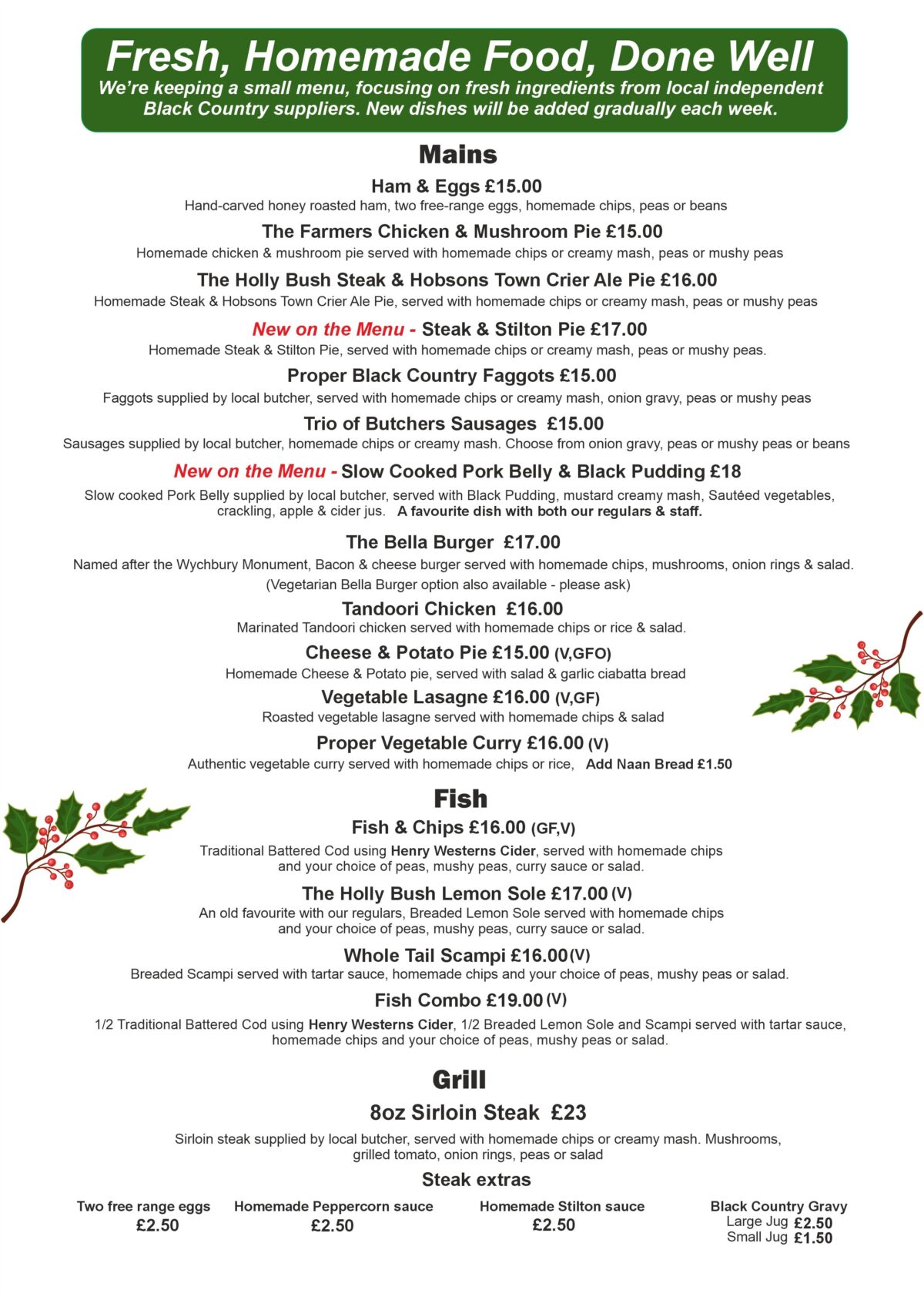 Menus at The Holly Bush | Belbroughton Countryside Dining Pub