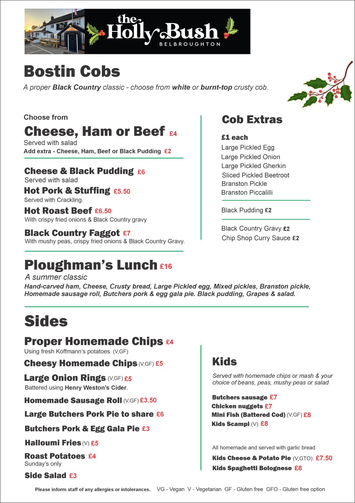 Menus at The Holly Bush | Belbroughton Countryside Dining Pub