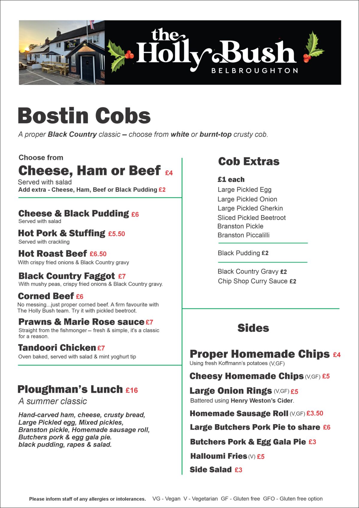 Menus at The Holly Bush | Belbroughton Countryside Dining Pub