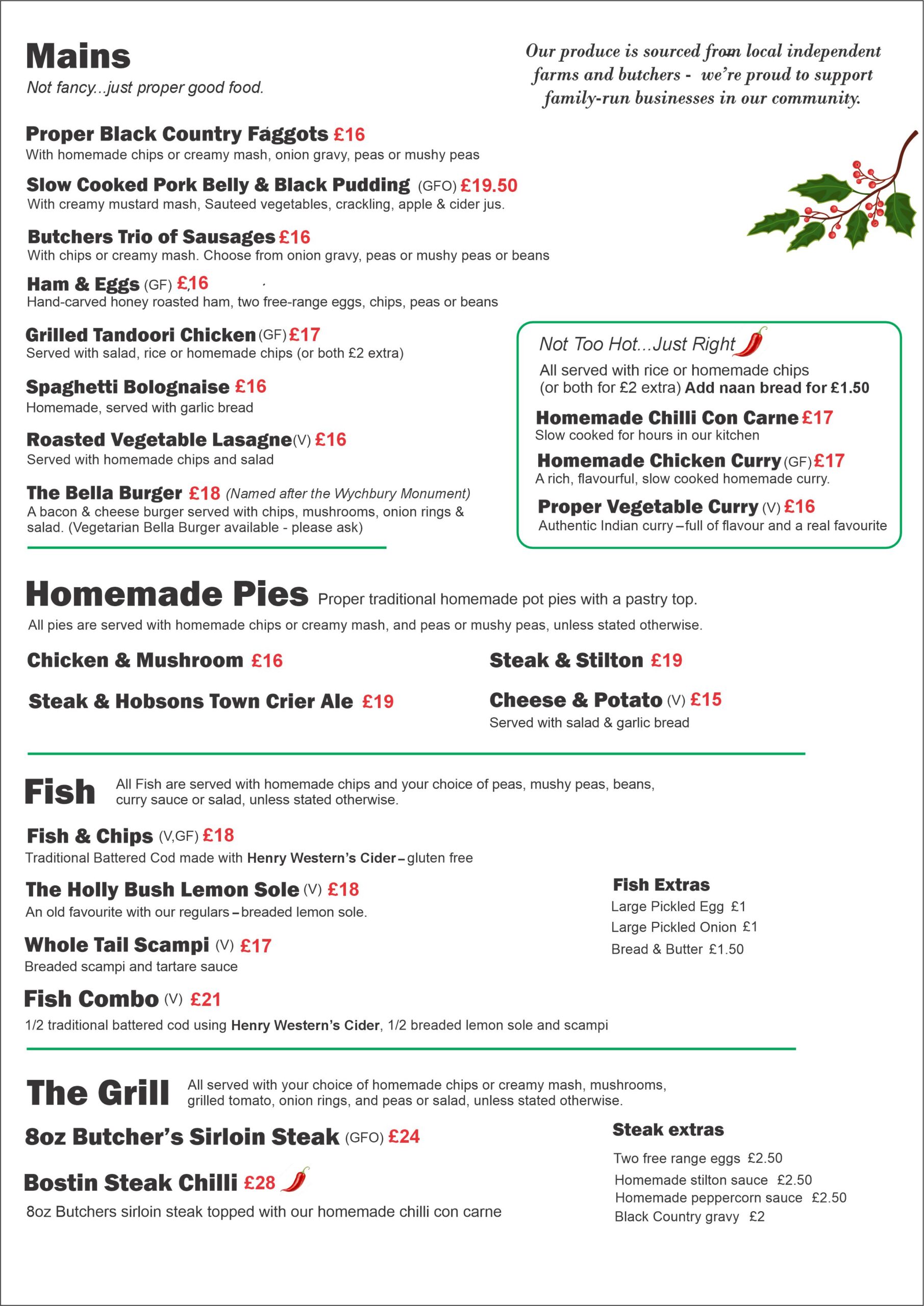 Menus at The Holly Bush | Belbroughton Countryside Dining Pub