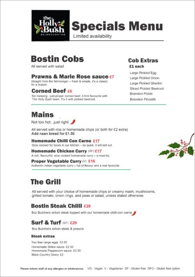 Menus at The Holly Bush | Belbroughton Countryside Dining Pub