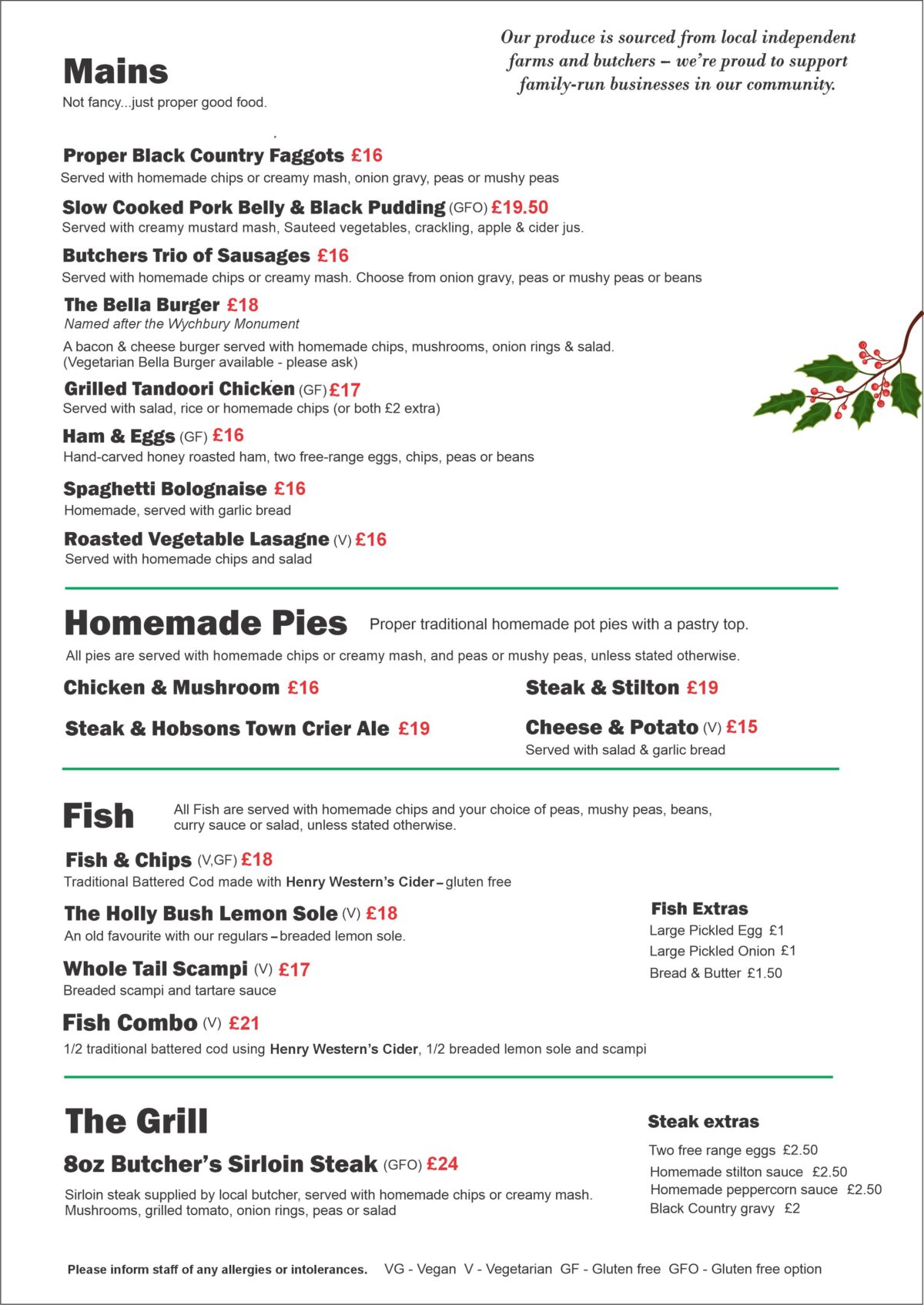 Menus at The Holly Bush | Belbroughton Countryside Dining Pub