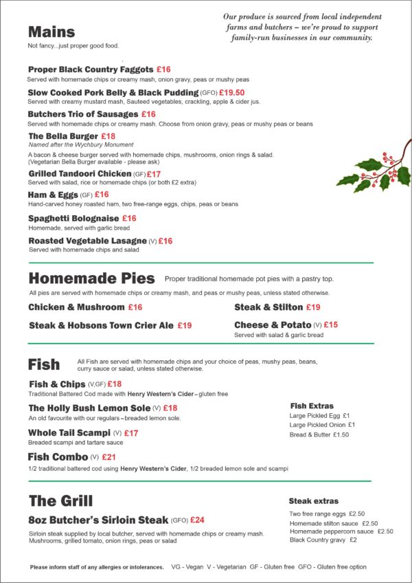 Menus at The Holly Bush | Belbroughton Countryside Dining Pub