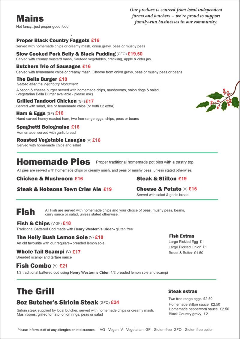 Menus at The Holly Bush | Belbroughton Countryside Dining Pub